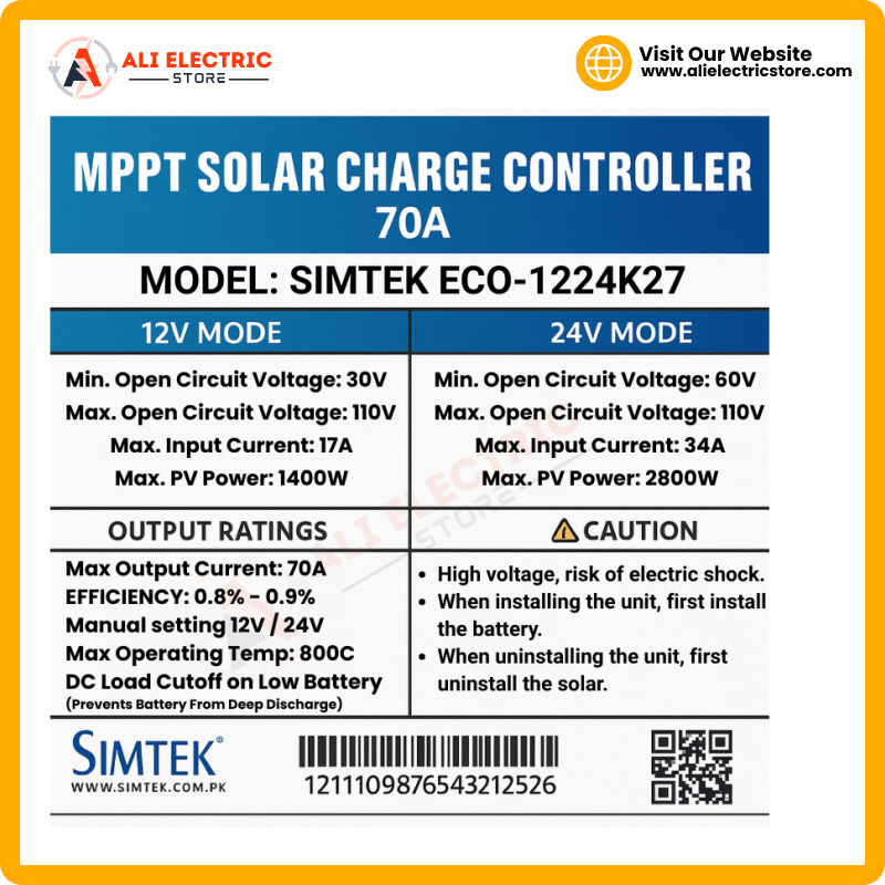 Simtek DC King 70A MPPT Solar Charge Controller - Ali Electric Store